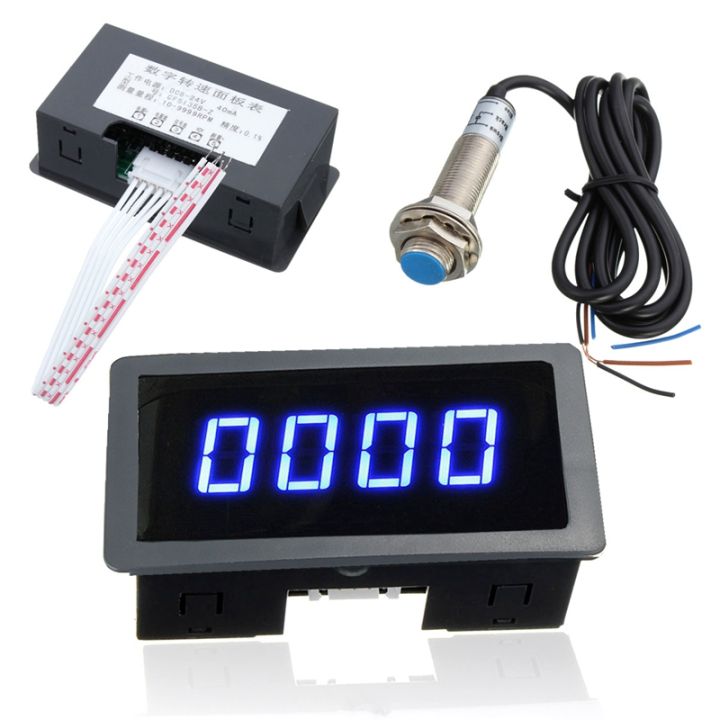 4 DIGITAL LED สีฟ้าสีเขียว TACHOMETER Gauge RPM ความเร็วเมตร + Hall ...