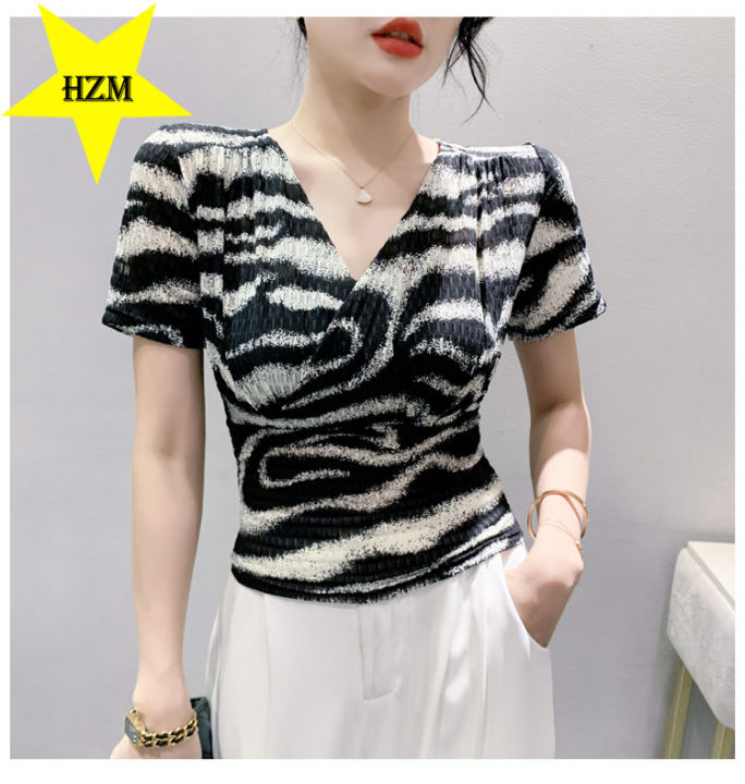 HZM 2023เสื้อยืดฤดูร้อนแขนสั้นรังผึ้งแฟชั่นใหม่สำหรับผู้หญิงพิมพ์ลายกากบาทแบบบางเสื้อตัวในสไตล์ ...