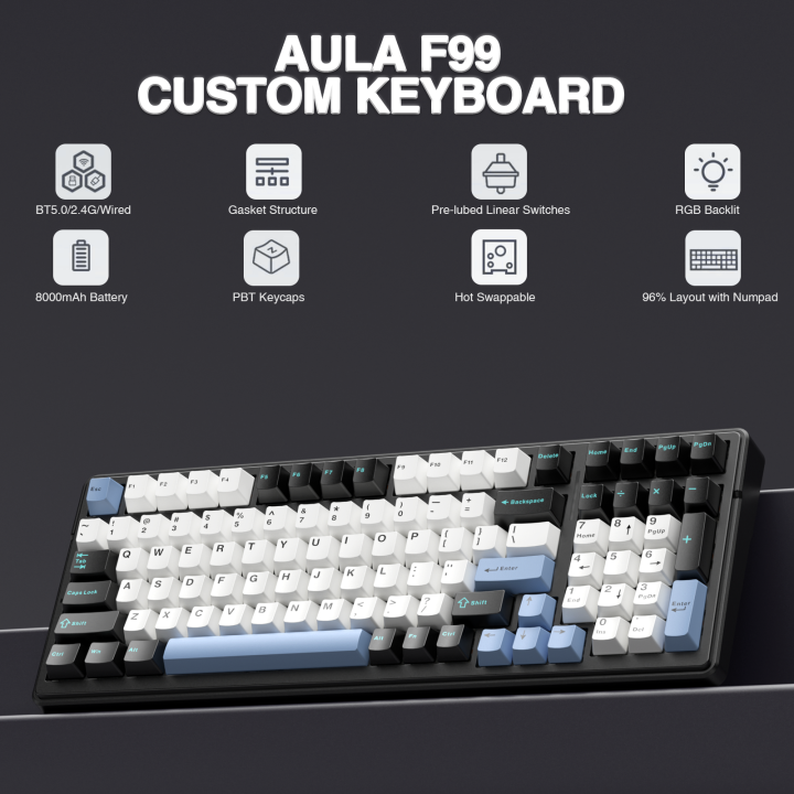 AULA F99 Machanical Keyboard Bluetooth 5.0/2.4G Wireless/Wired Gasket ...