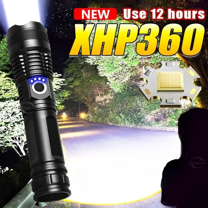 Most Powerful XHP360 LED Flashlight 18650 Rechargeable USB Torch Light ...