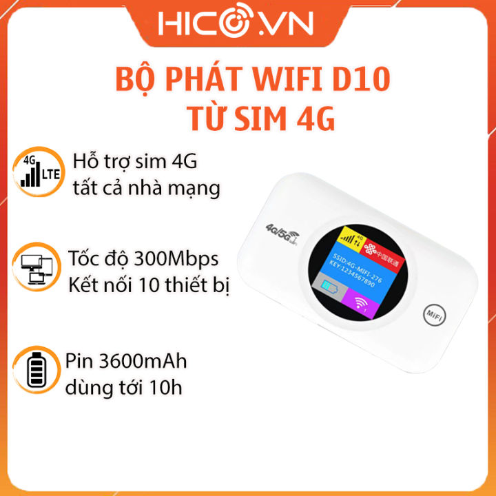 Bộ Phát Wifi 4G 5G D10 Pin 3600mah Tốc Độ 300Mbps Kết nối 10 user Màn hình LCD thông minh Thể ...