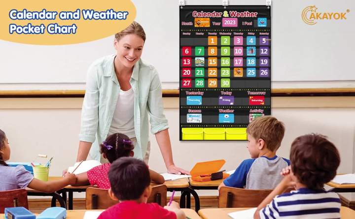 Calendar and Weather Pocket Chart for Kids Learning, Large 44.5”x28 ...
