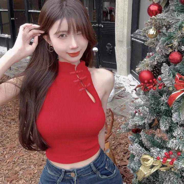 🧨现货 【CNY Outfit】Sexy Red Cheongsam Crop Top | Sleeveless Ribbed Tank ...
