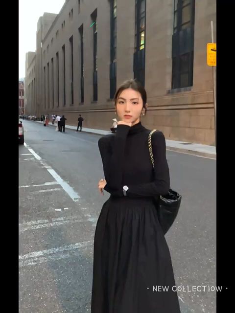 Eva Style🍒พร้อมส่ง COD ใหม่ชุดดำน้อย ทรงสลิมฟิต เดรสยาว ย้อนยุค เดรสแขนยาว คอเต่าครึ่งตัว ชุด ...