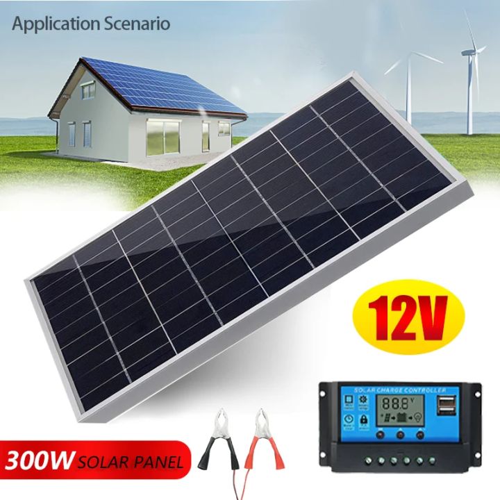 300W 12V Solar Panel Kit Complete Polycrystalline USB Power Portable ...
