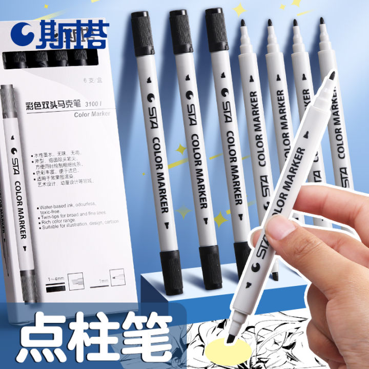 STA Double-Headed Marker Pen 3100 Thick Thin Point Column Pen Black ...