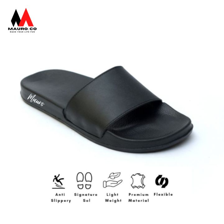 Mauro Sandal Slop Pria Wanita Sandal Selop Basic Polos Hitam Upper lock ...