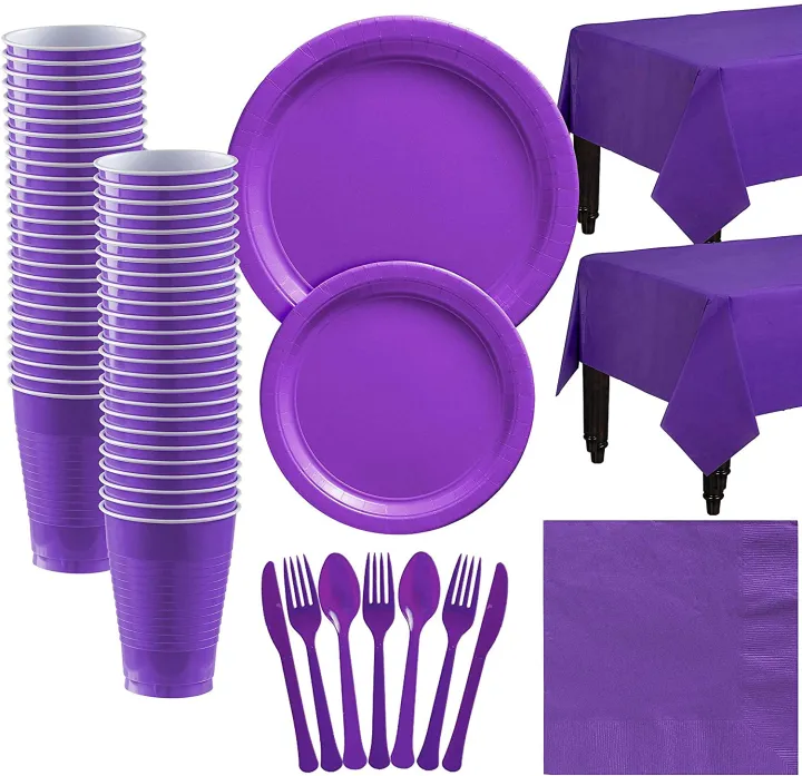Purple Disposable Plastic Plate Cup Paper Tableware Suit Creative ...
