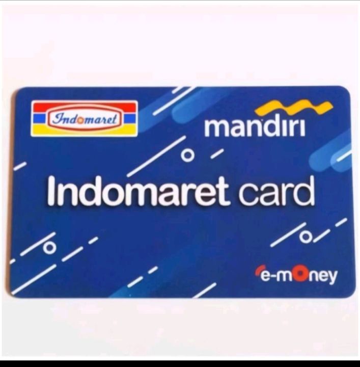 Kartu Indomaret Mandiri e-money berwarna biru dengan logo Indomaret dan ...