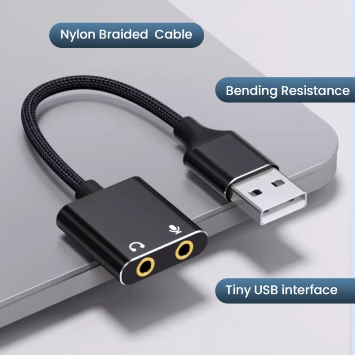 USB Sound Card Adapter - 3.5mm Headphone/Mic Jack - Braided Cable for ...