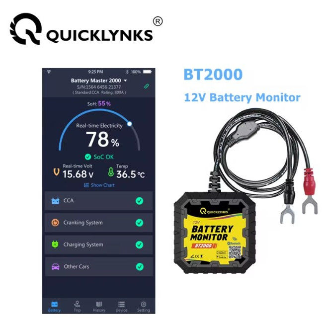 QUICKLYNKS BT2000 12V Car Battery Tester Bluetooth 4.0 Car Battery ...