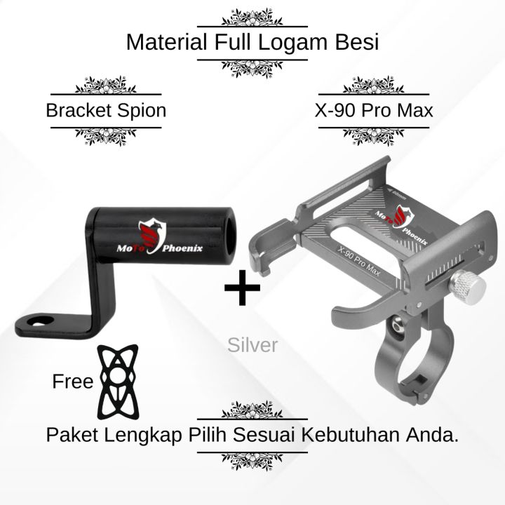 FULLSET Holder Stang Motor X-90 Pro Max SILVER + Bracket Dudukan Holder ...