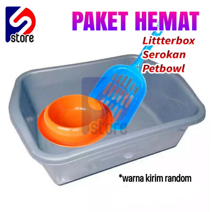 Tempat makan bak litterbox sekop paket 1 set murah bak pasir kucing ...