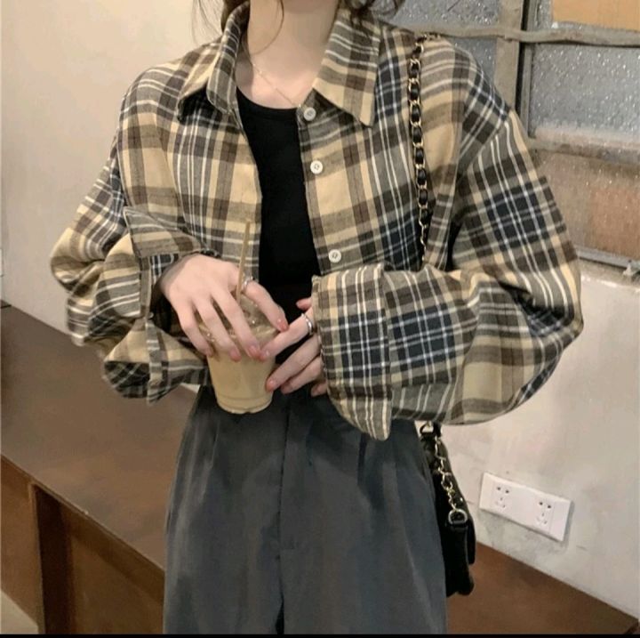 kemeja kotak-kotak pendek wanita jaket korea style kemeja lengan ...