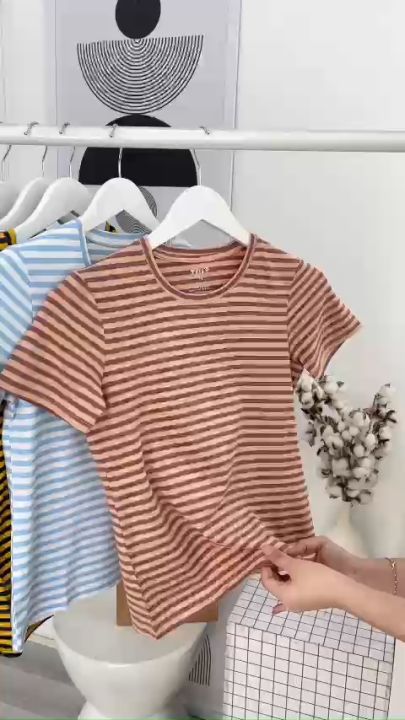 Áo thun sọc nữ cổ tròn TOLI 6 màu Form vừa dáng suông, vải cotton 4 ...