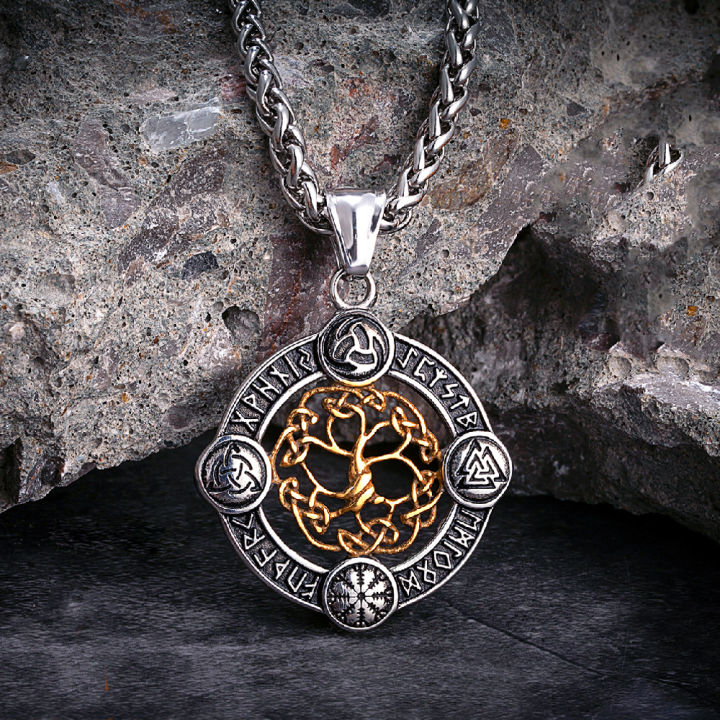 Never Fade Norse Rune Life Tree Necklace Men Gold Color Stainless Steel ...