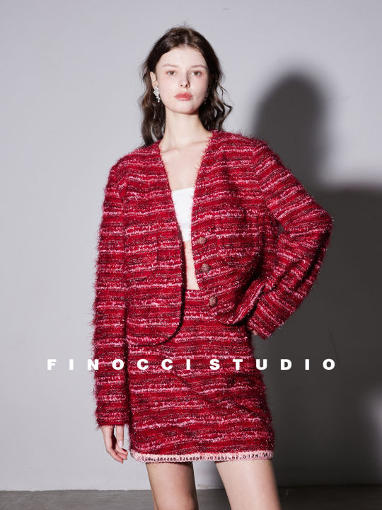 ชุดแฟชั่นฤดูหนาว FINOCCI 3 ชิ้น แขนยาว คอวี กระดุม สีสันสดใส เส้นใย ...