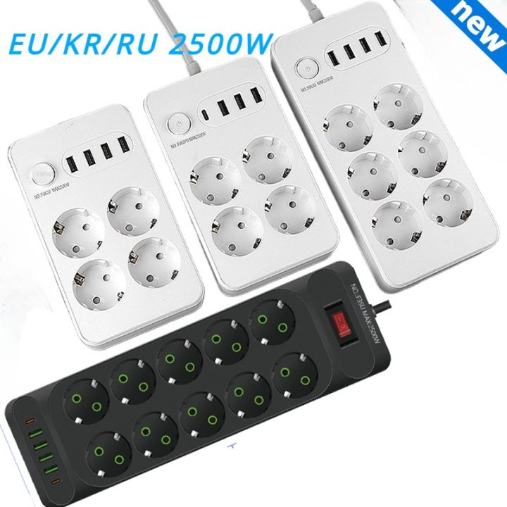 EU KR Power Strip Electric Sockets 13A 2500W 6 8 10 Outlets with USB 5V ...