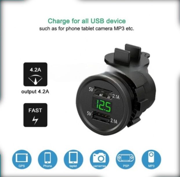 Usb Charger Plus Volmeter Dual Port 4.2A Led Display Putih Untuk Motor ...