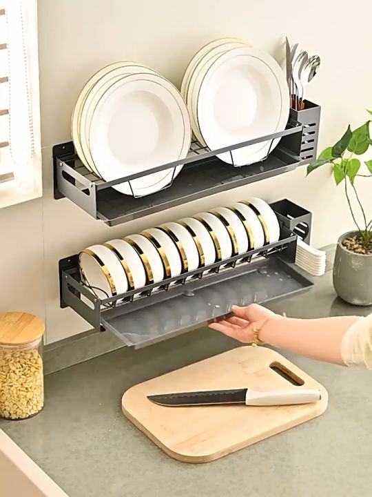 No-Drill Wall-Mounted Dish and Bowl Storage Rack Multi-Layer Hanging ...