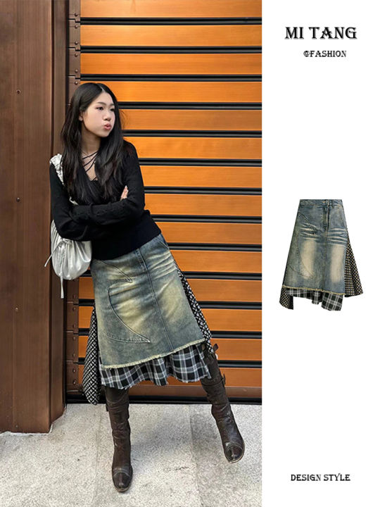 สูง เอว ชายเสื้อไม่สม่ําเสมอ เดนิม ผู้หญิง ทรงเอ กระโปรงยาวปานกลาง MI ...