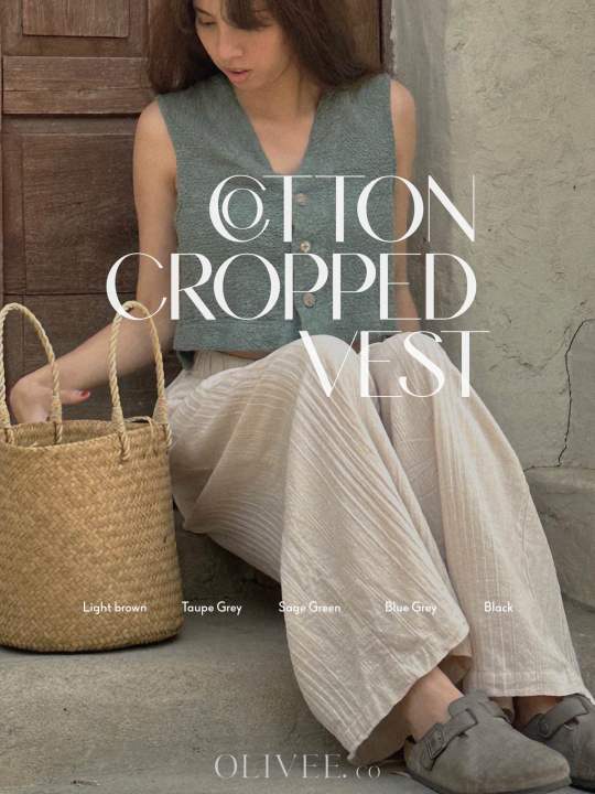 OLIVEE.co : COTTON CROPPED VEST เสื้อกั๊กผ้าฝ้ายทอลายนูน ผลิตจากผ้าฝ้ายแท้ 100% | Lazada.co.th