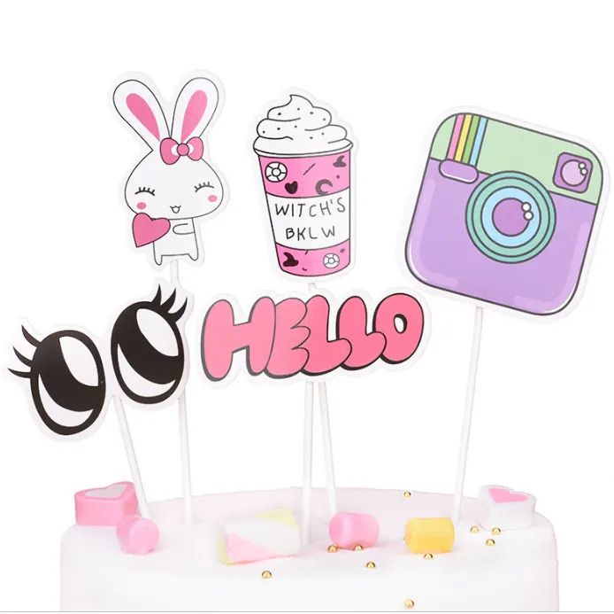 Topper Kue Kertas 5 pcs Hello Kelinci Kamera Minuman Mata Dekorasi Kue ...