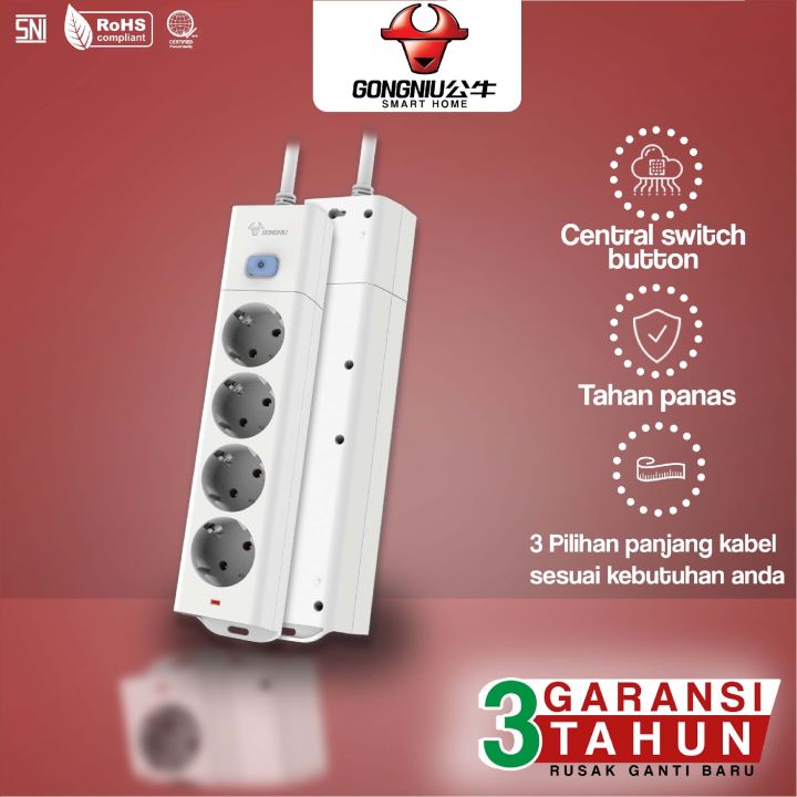 GONGNIU Stop Kontak 5 Lubang Panjang Kabel 1.5m / 3m / 5m Power Strip 2500Watt Tahan panas ...