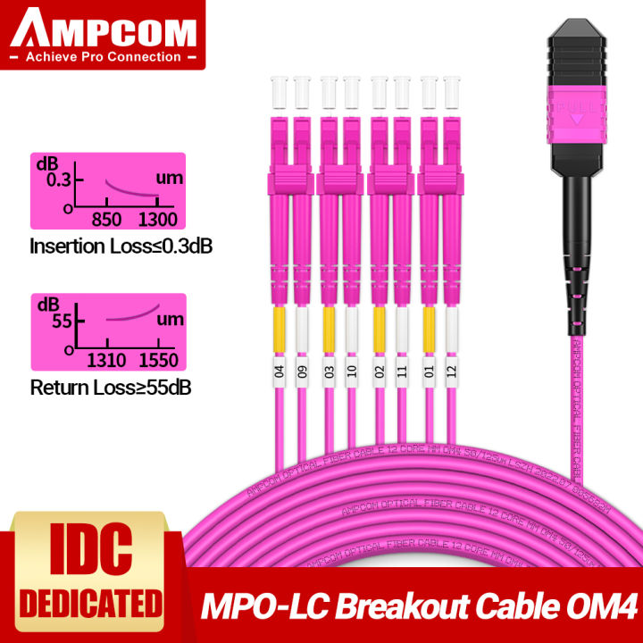AMPCOM MPO/MTP to LC Fiber Breakout Cable, OM4 8/12/24 Cores 50/125 ...