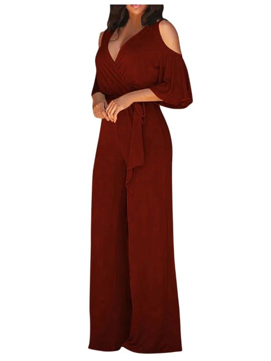 Pure Color off Shoulder V-neck Jumpsuit ชุดเดรสแขนกุดคอวีสีพื้นสำหรับผู้หญิง ชุดเดรสยาวลำลอง ...