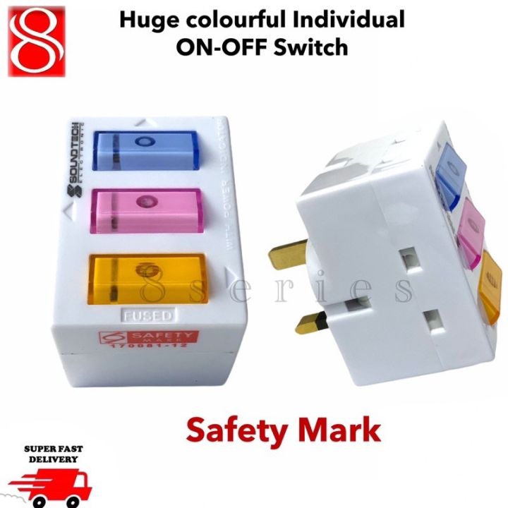 SOUNDTECH 13A Colourful 3 way Multi Plug/ Multi Adaptor with switch and ...
