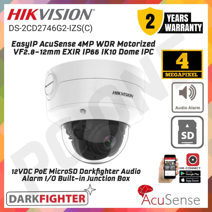 DS-2CD2746G2-IZS(C) HIKVISION EasyIP AcuSense 4MP WDR Motorized VF2.8-12mm EXIR IP66 IK10 Dome ...