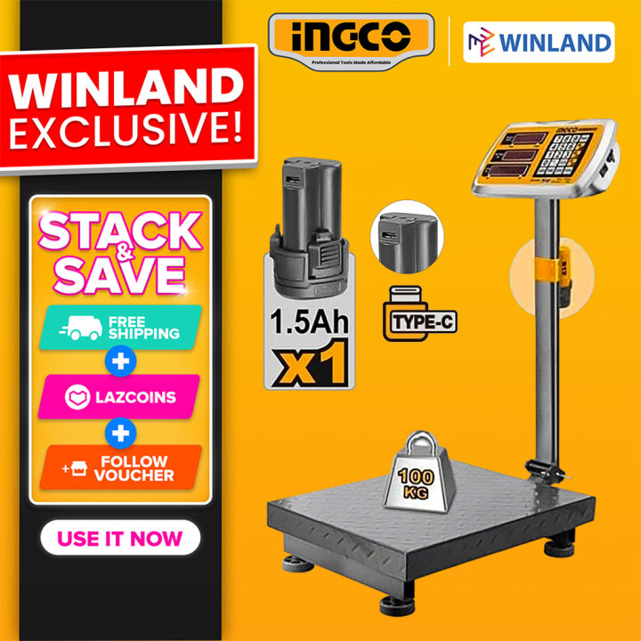Ingco by Winland Lithium-Ion Weighing Scale 100KG (220LB) 12V w/ USB ...
