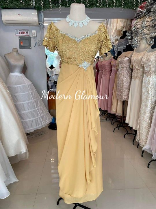 🚀📣 Matte Gold Side Swag Brooch Design Ninang Gown Mother Of The Bride Groom Formal Dress