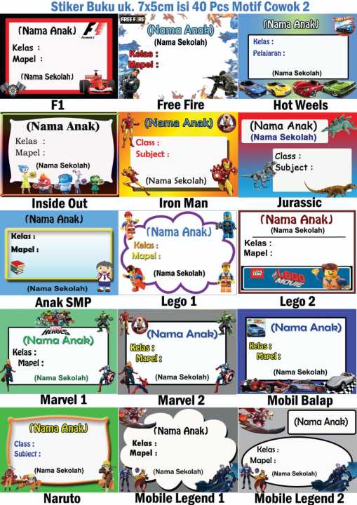 Stiker Buku Motif Cowok 2/Label Buku/Stiker Nama Buku/Stiker Mapel ...