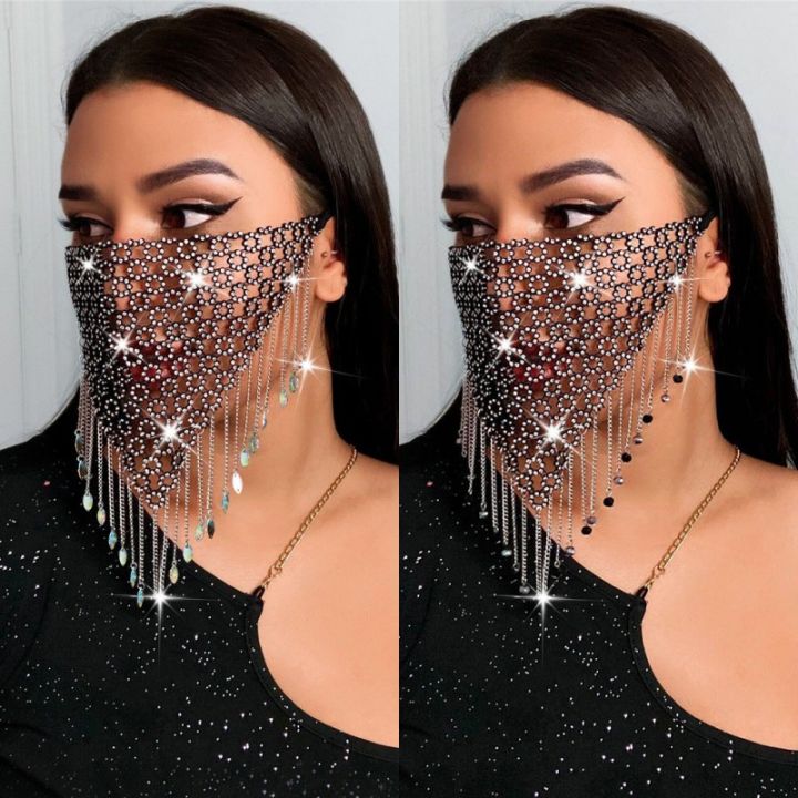 Shiny Rhinestone Face Mask Bling Tassel Veil Mask Reusable Metal ...