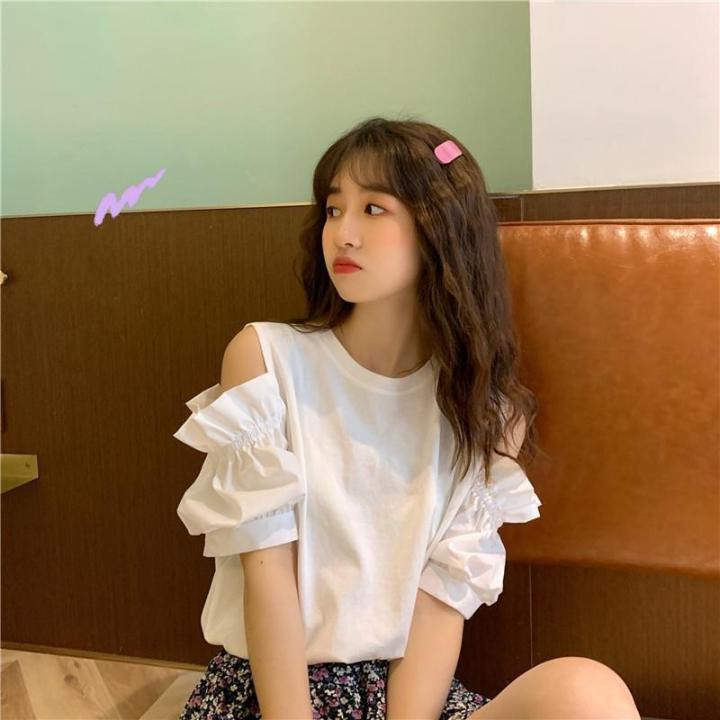 SSeE เสื้อยืดแขนสั้นผู้หญิงเปิดไหล่แฟชั่นของผู้หญิง Cewek Seksi ...