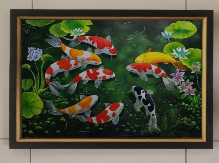 Hiasan dinding cetak gambar lukisan ikan koi plus bingkai ukuran 35x52cm | Lazada Indonesia