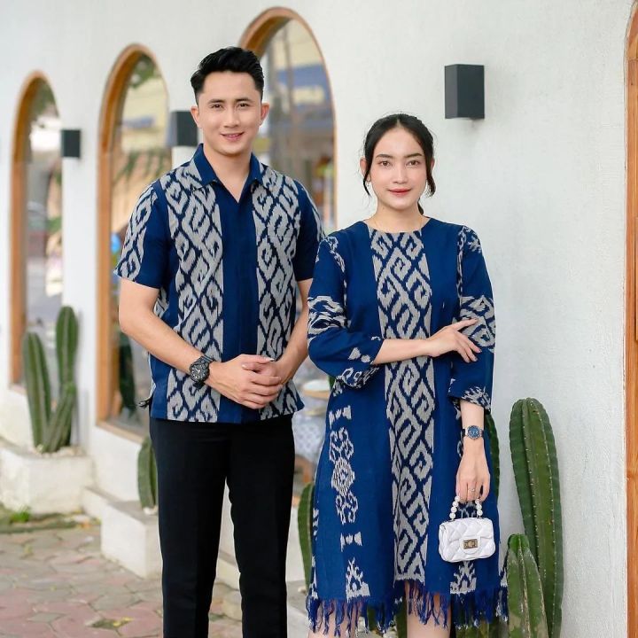 COUPLE TENUN MOTIF TORAJA WARNA BIRU/TENUN IKAT SERAGAM KELUARGA/BAJU TENUN JEPARA ETNIK CRAFT ...