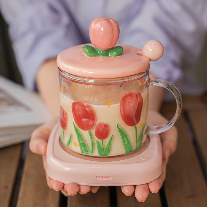 Tulip Insulation Glass Cup with Cover Spoon Good-looking Mug Water ...