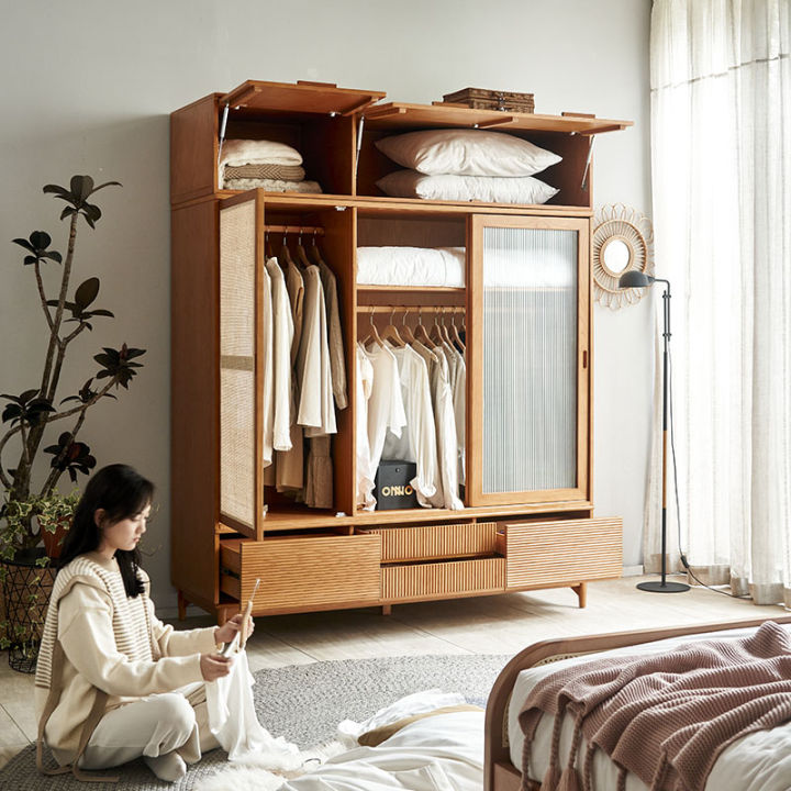 Japanese-Style Solid Wood Wardrobe Bedroom and Household Large Capacity ...
