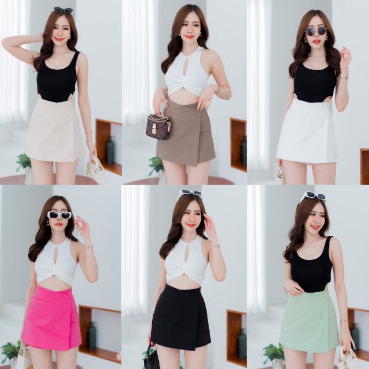 ℬ𝑒𝓇𝓇𝓎.𝒸𝓁𝑜𝓉𝒽𝒾𝓃𝑔 กางเกงกระโปรงเกาหลี ขอบวีป้ายหน้า ซิปข้าง Tonbewry ...