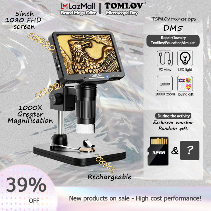 TOMLOV DM5 Coin Microscope 1000X, 5’’ LCD Digital Microscope with LED ...