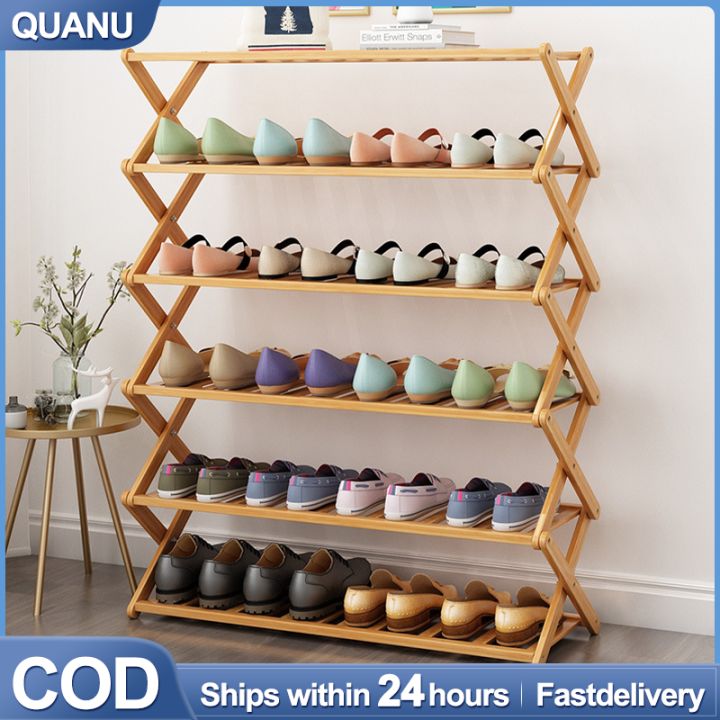 QUANU-6/5/4/3 Tiers Wooden Shoe Rack Rak Kasut Kayu Foldable Portable ...