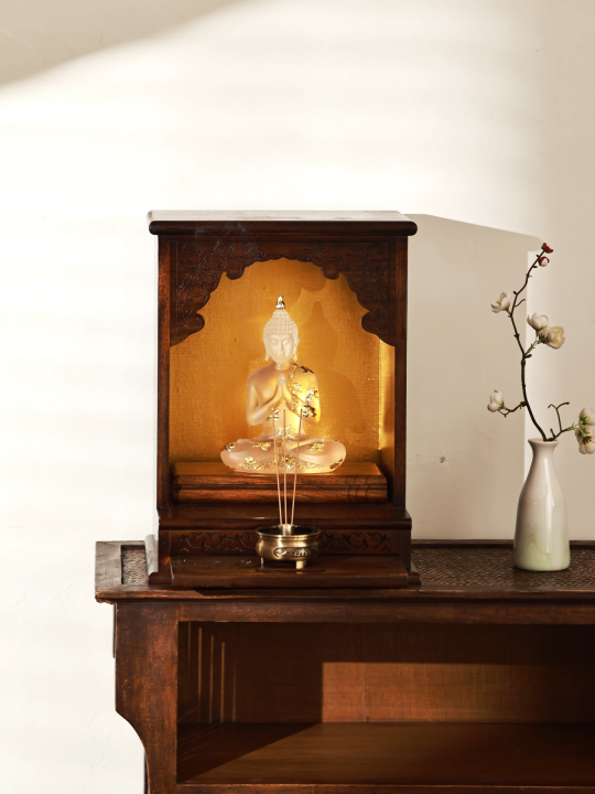 Teak Wood Buddhist Altar Shrine with Warm Light | Wall Mounted ...