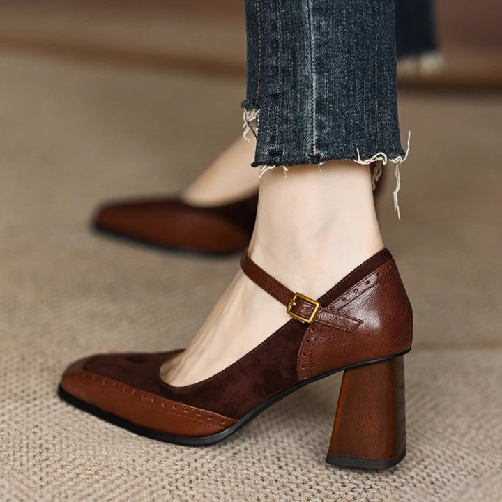French Vintage Spliced Brown Slip-On Mary Jane High Heels Women's ...