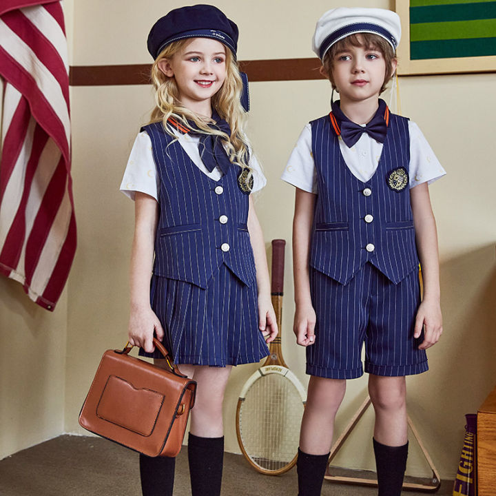 Kindergarten uniform summer clothing British style pure cotton children ...