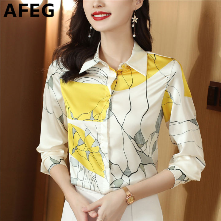 AFEG ใหม่สไตล์เกาหลีเสื้อคอปกแฟชั่นหลวมอเนกประสงค์คมชัดสีชีฟองพิมพ์ ...