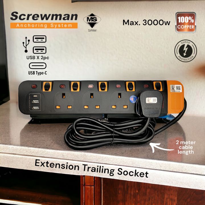 Screwman Extension Trading Socket 2 Meter Cable 4 Gang & 2 USB + 1 Type ...