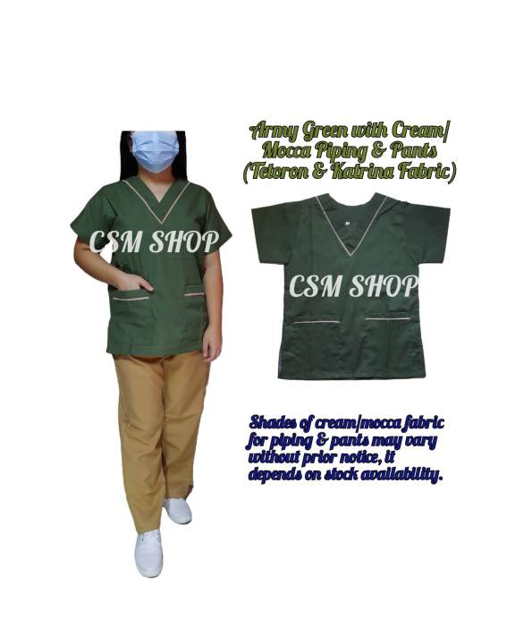 Unisex Medical Uniform Scrub Suit Set - Army Green with Beige Piping ...